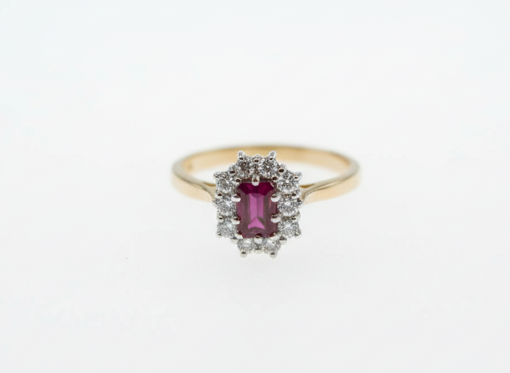 Ruby and Diamond Cluster Ring in 18ct Yellow Gold – Ogden Of Harrogate